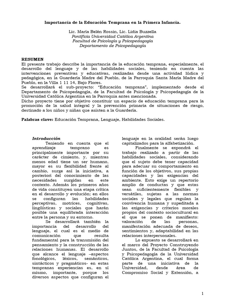 Importancia de La Educaci-N Temprana en La Primera Infancia | PDF