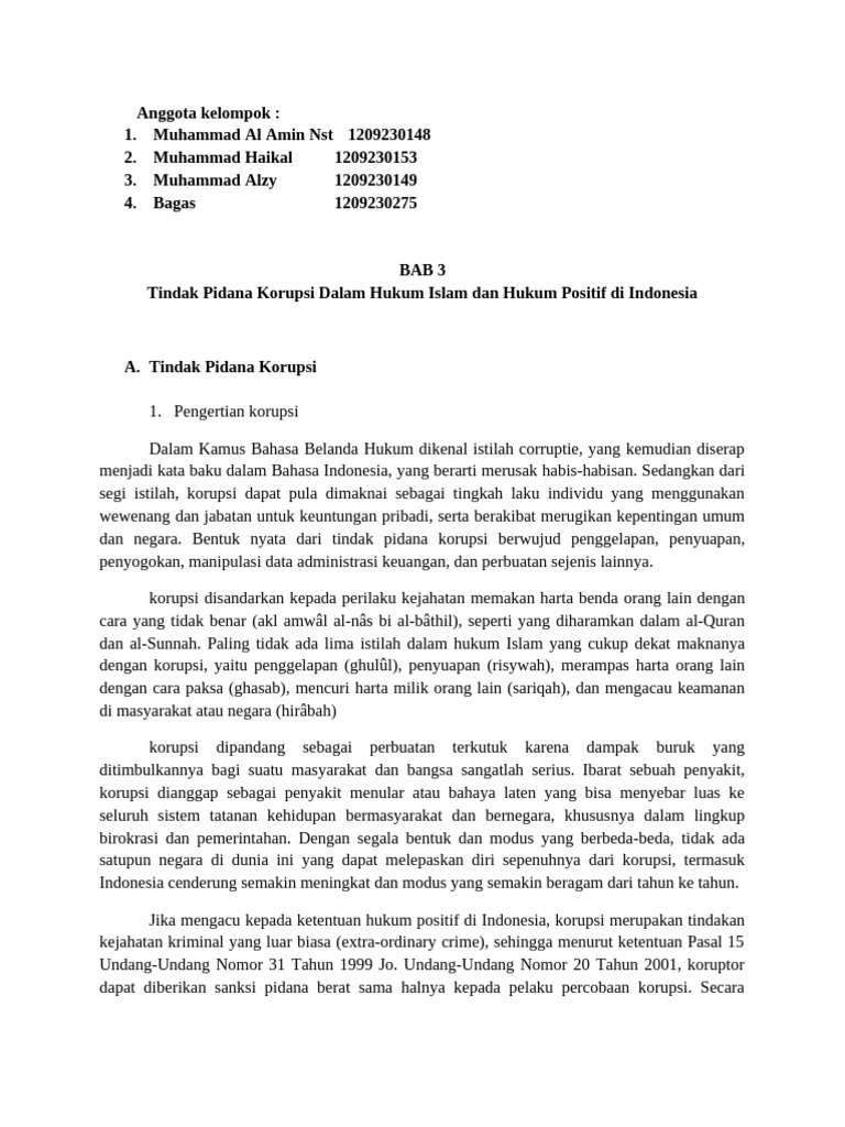 (Resume) BAB 3 - Tindak Pidana Korupsi Dalam Hukum Islam Dan Hukum Positif Di Indonesia | PDF