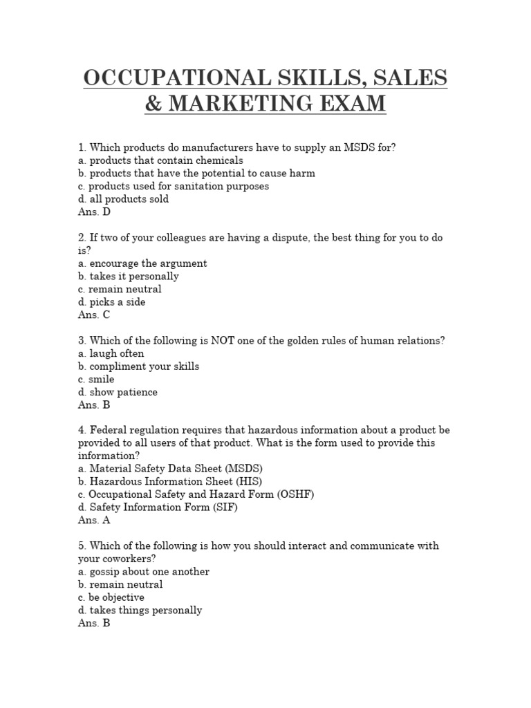 Occupational Skills, Sales, and Marketing 100 | PDF