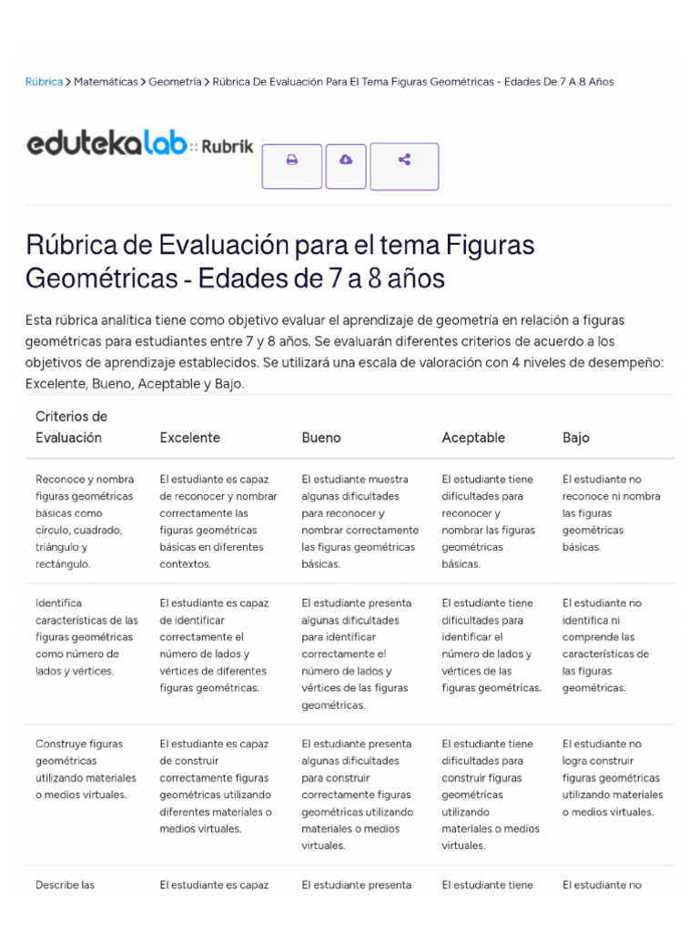 Rúbrica de Evaluación para El Tema Figuras Geométricas - Edades de 7 A ...