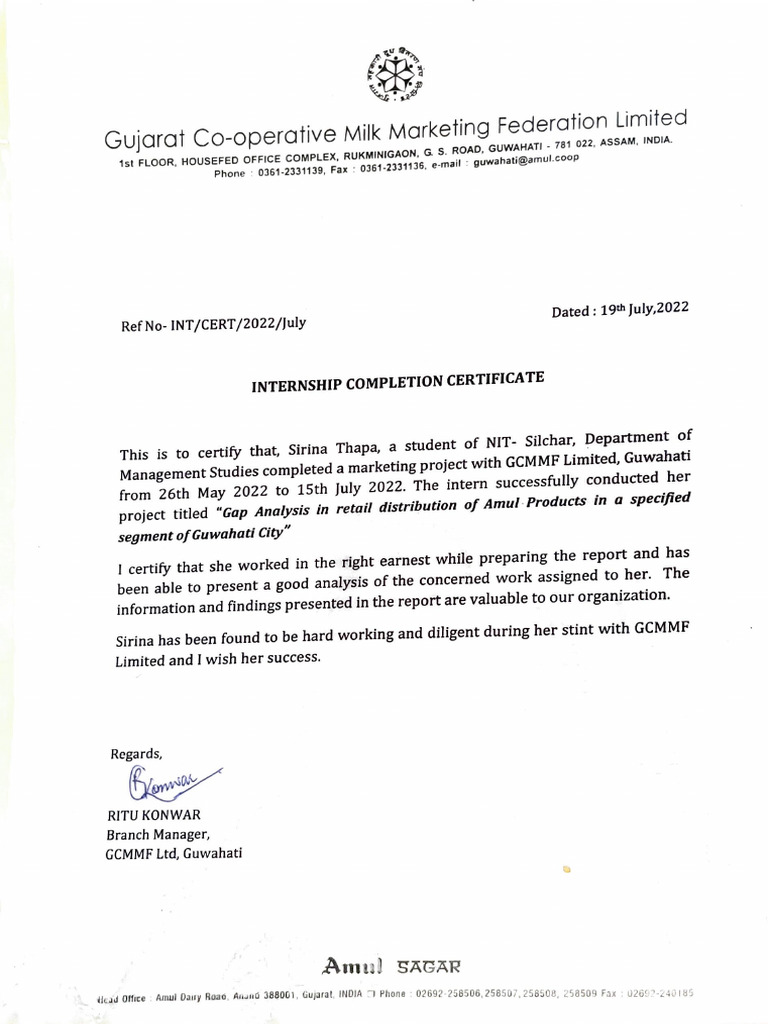 Amul Internship Certificate | PDF