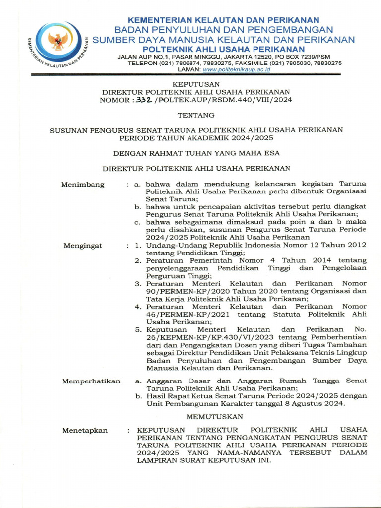 332 Surat Keputusan Susunan Pengurus Senat Taruna Politeknik Ahli Usaha ...