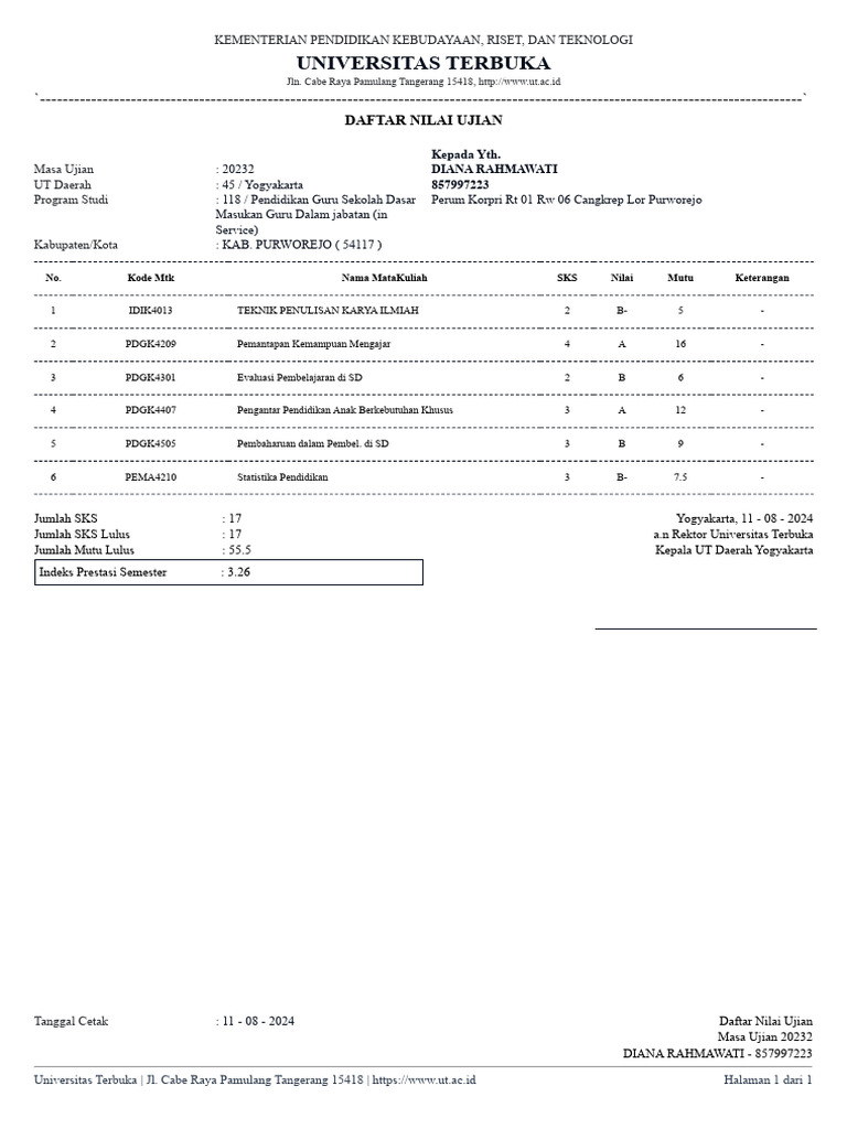 Nilai Ut Semester 6 | PDF