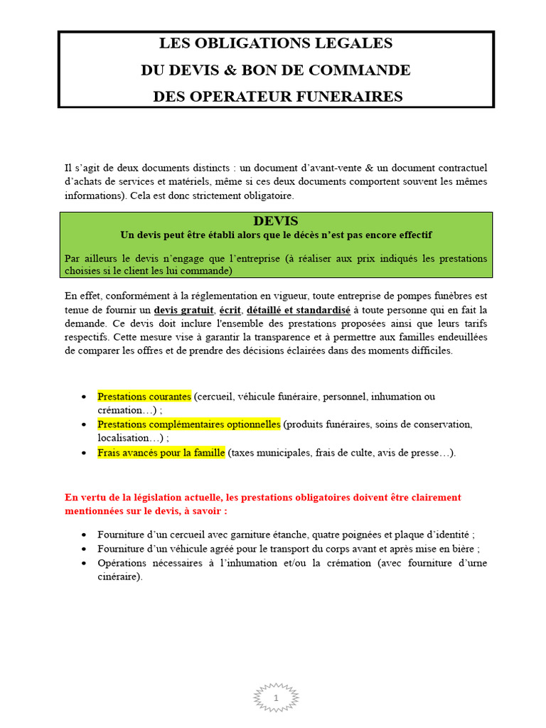 Les Obligations Legales Du Devis Des Operateur Funeraires | PDF
