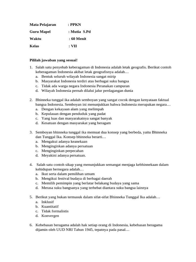 Soal Ujian Mutia PPKN Kelas 1 | PDF