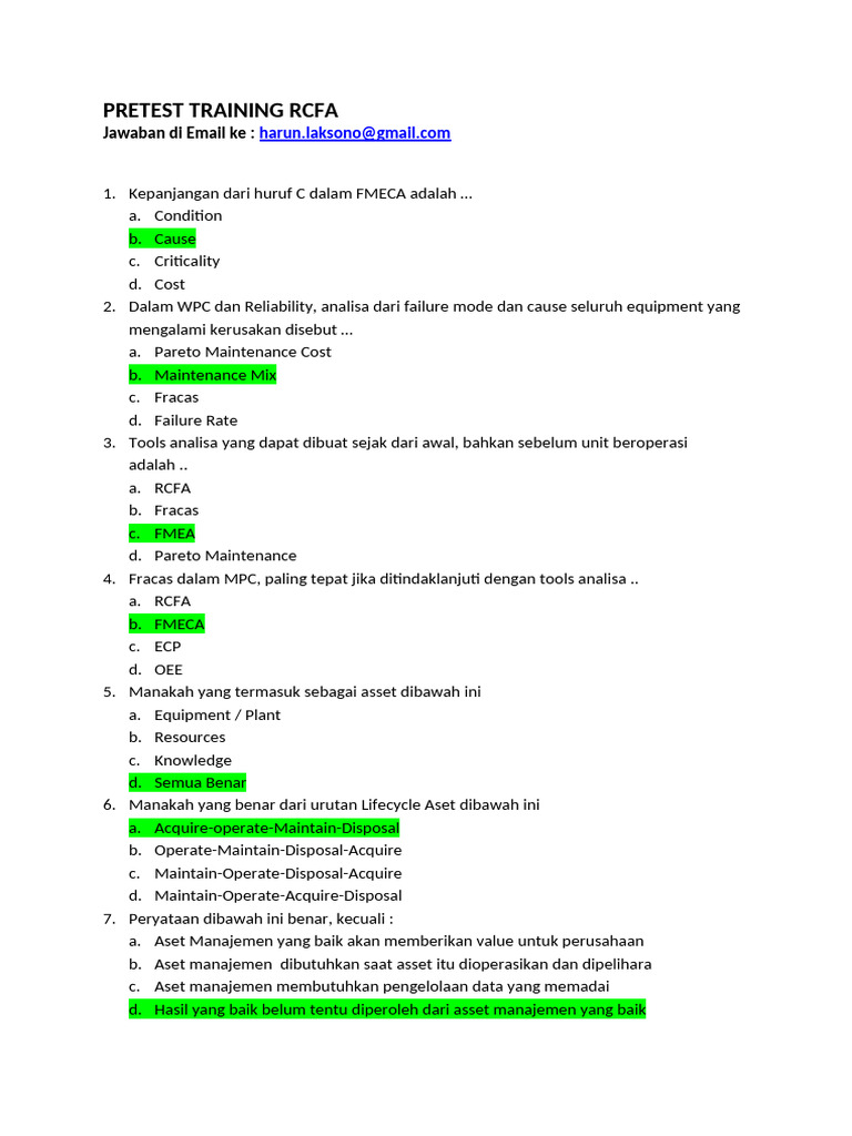 Pre Test Training RCFA | PDF