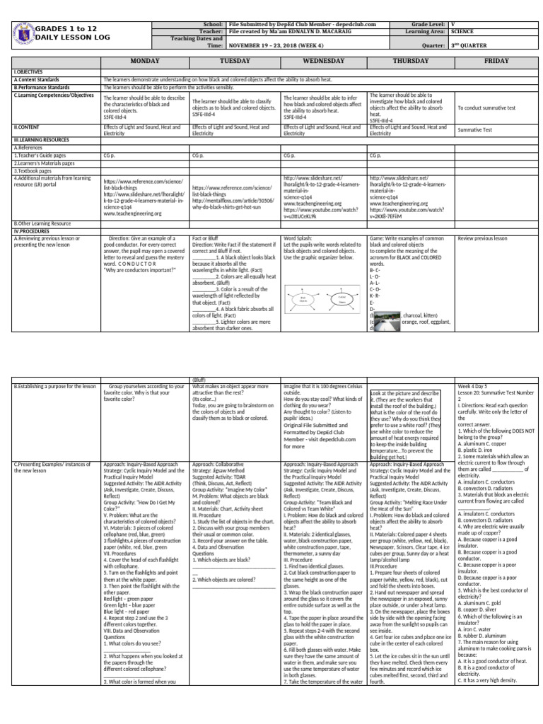 DLL - Science 5 - Q3 - W4 | PDF