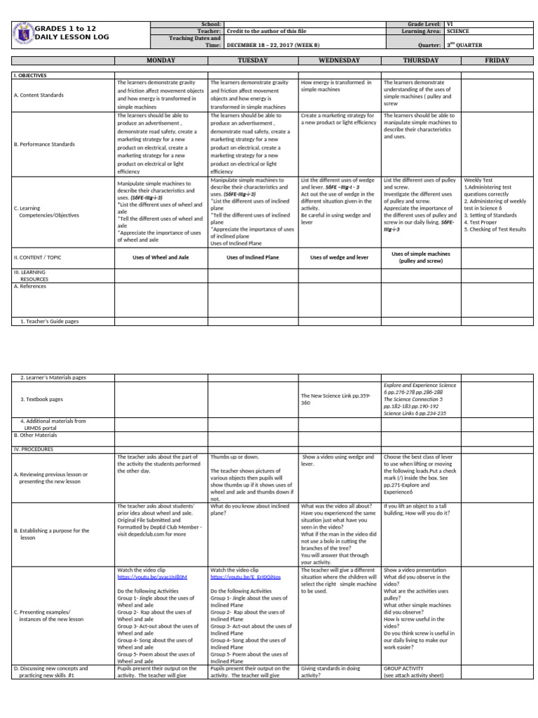 DLL - Science 6 - Q3 - W8 | PDF