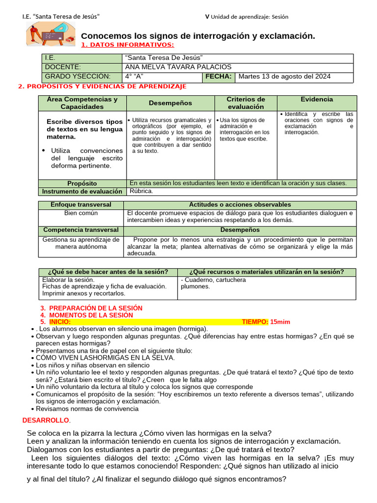 Sesion Interrogacion y Exclamacion | PDF | Evaluación | Aprendizaje