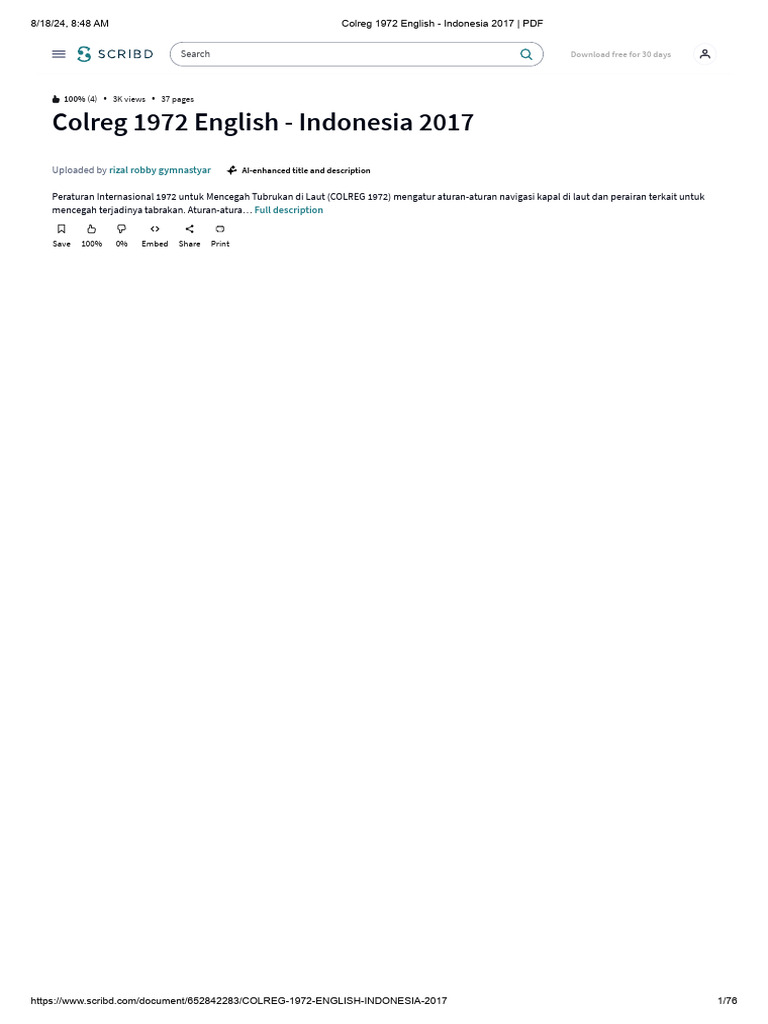 Colreg 1972 English - Indonesia 2017 - PDF | PDF