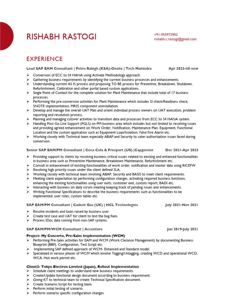 Rishabh Rastogi (SAP PM EAM WCM MRO) - New | PDF