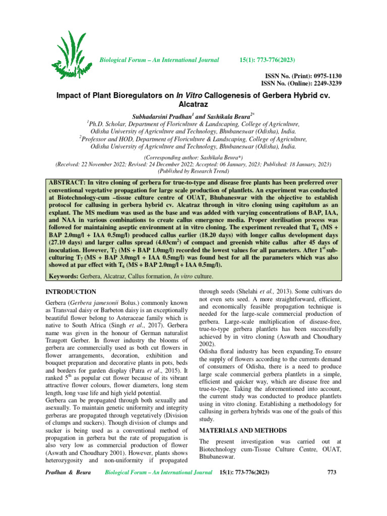 Impact of Plant Bioregulators On in Vitro Callogenesis of Gerbera ...