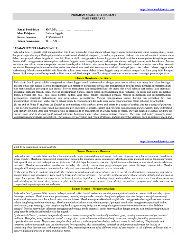 Prosem Kelas 11 SMA Bahasa Inggris Fase F | PDF
