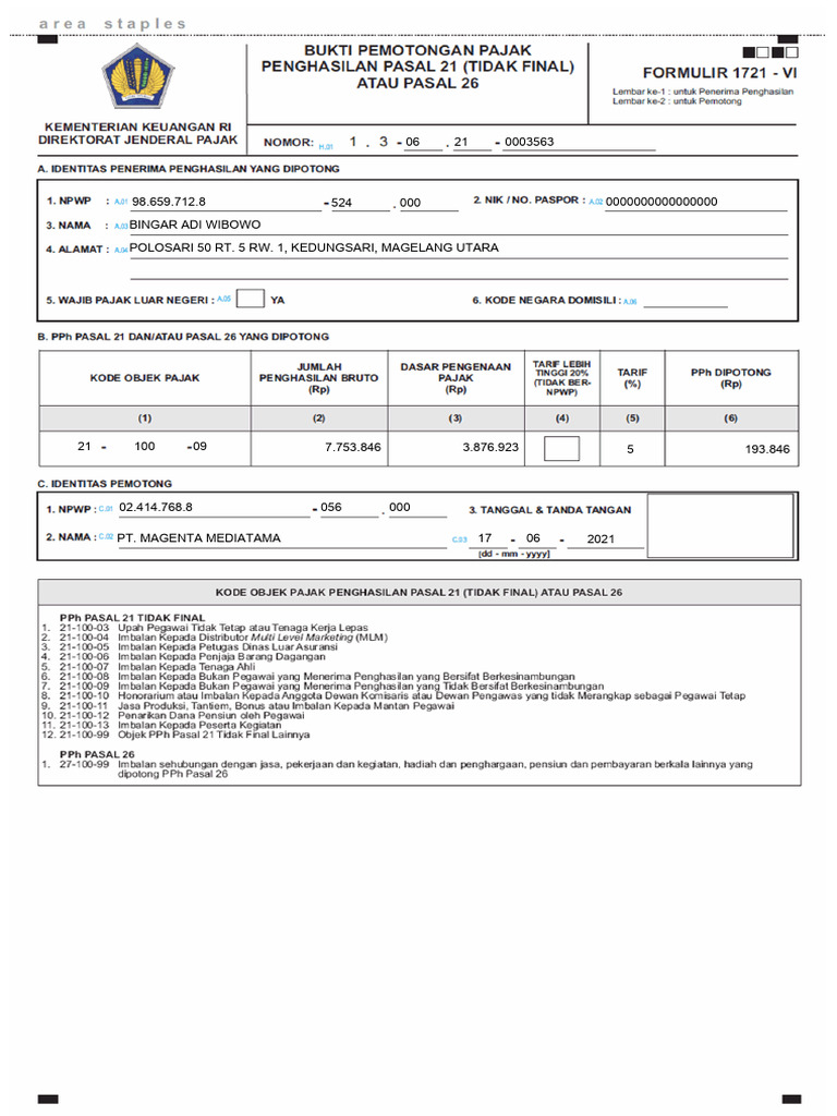 Contoh Bukti Pajak | PDF