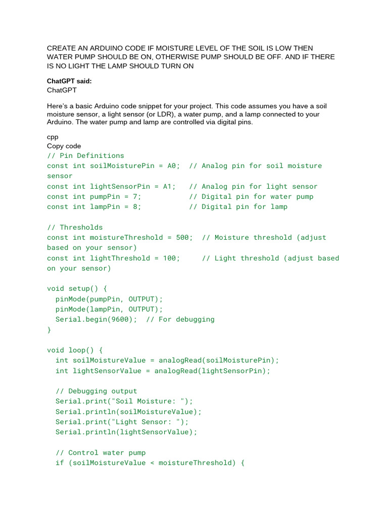 Create An Arduino Code If Moisture Level of The Soil Is Low Then Water ...