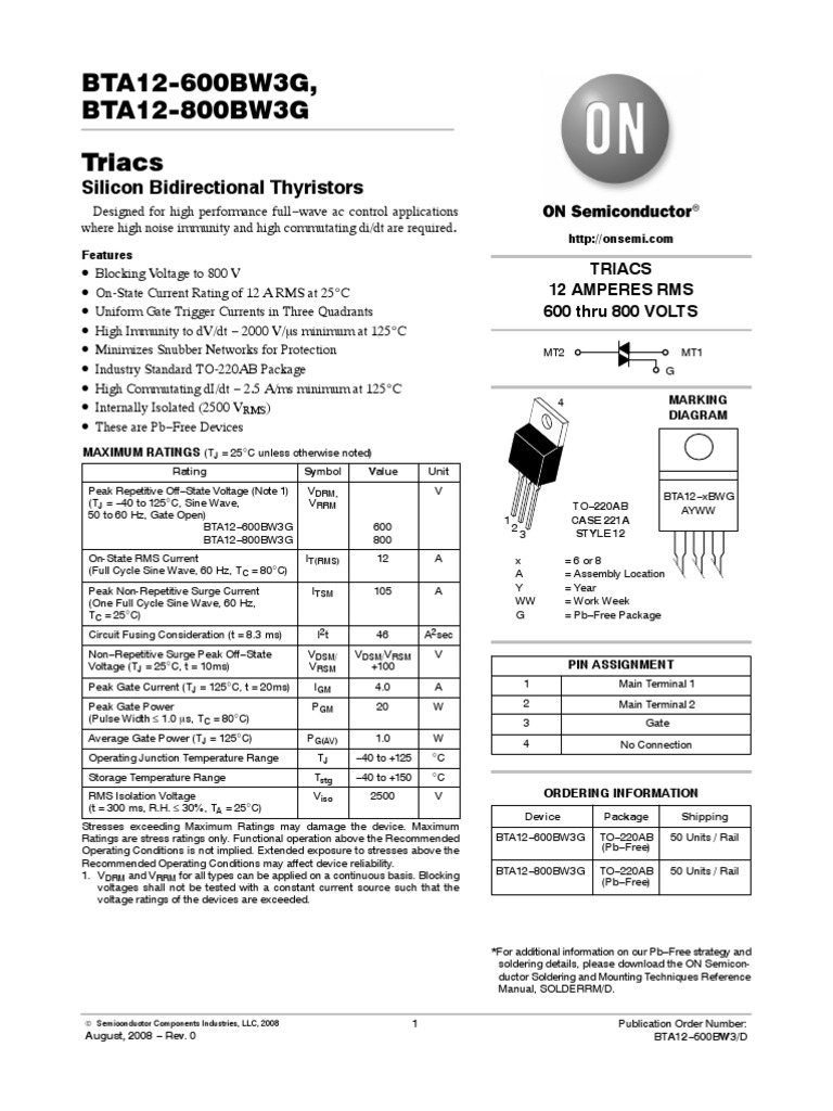BTA12-600BW3G, BTA12-800BW3G Triacs: Silicon Bidirectional Thyristors | PDF