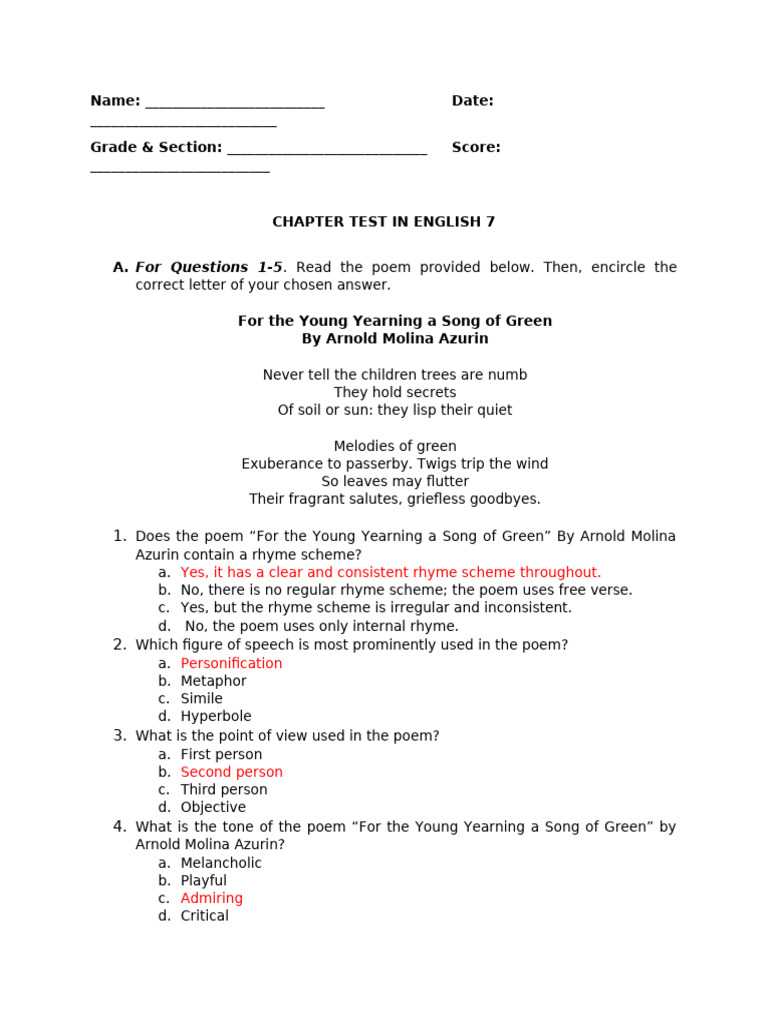 English 7 Module 1-Chapter Test | PDF