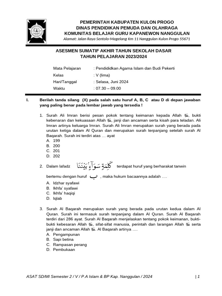 Soal Asat Pai KLS-5 Sem.2 23-24 | PDF