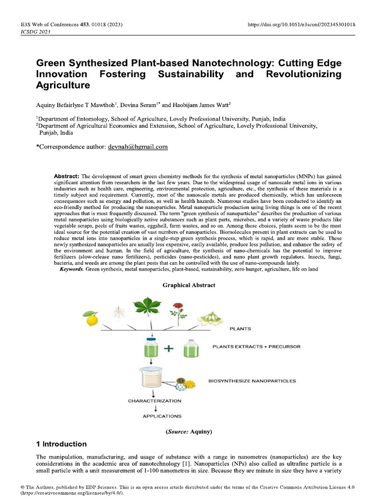 Green Synthesized Plant-Base Nanotechnology | PDF