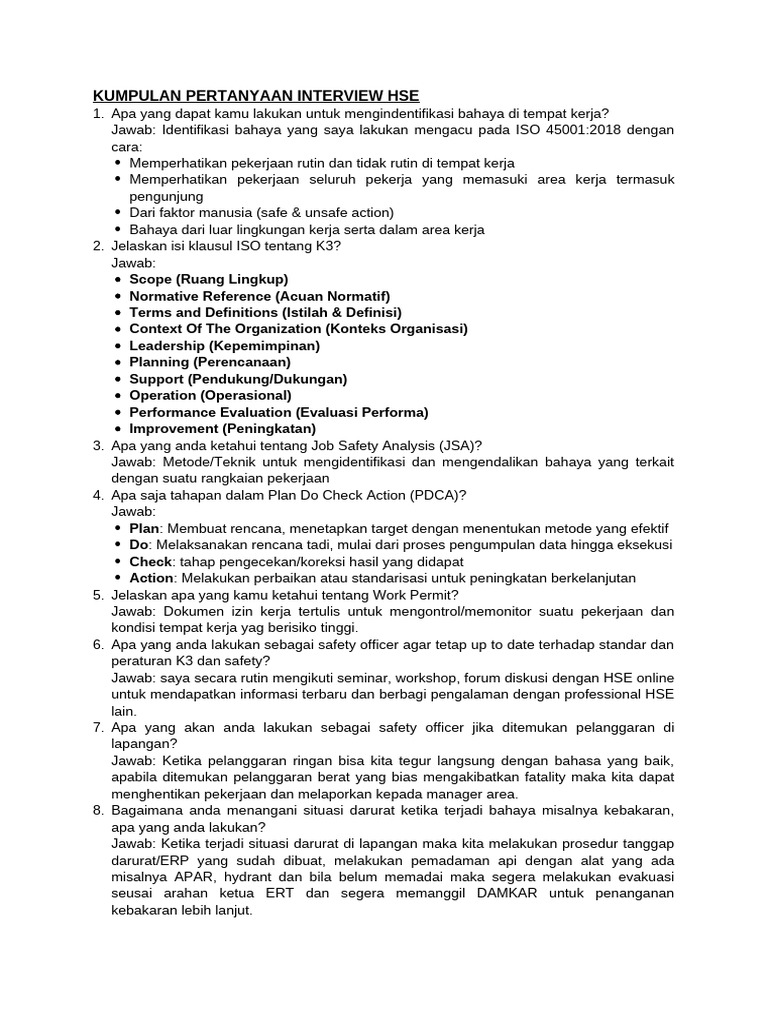 Kumpulan Pertanyaan Interview Hse | PDF