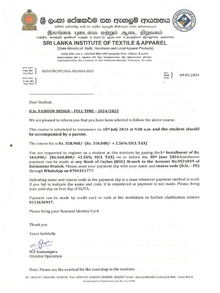 B.SC Fashion Design Selection Letter | PDF