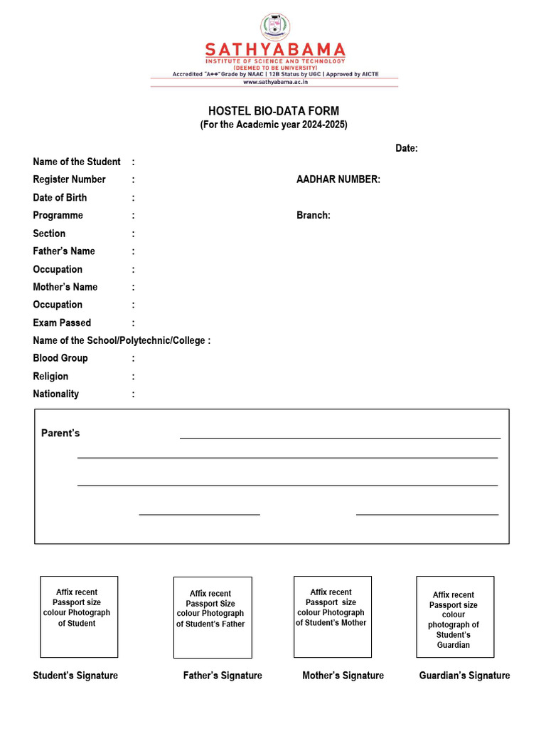 Biodata Form - 2024 - 2025 | PDF