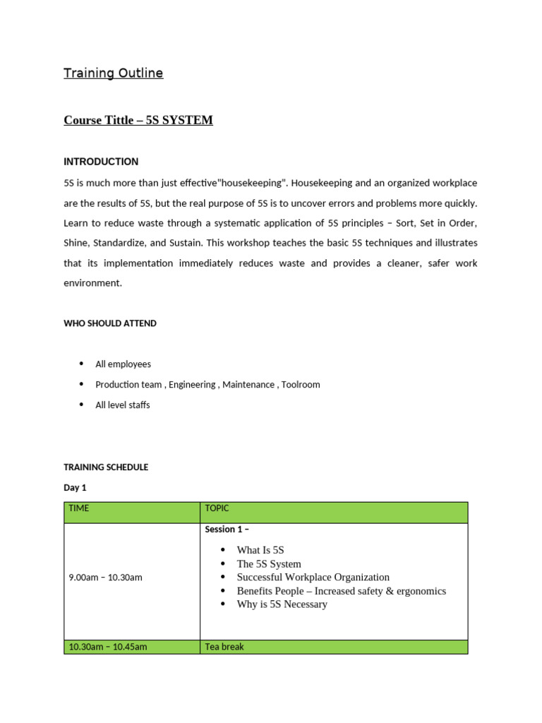 Training Outline For 5S | PDF