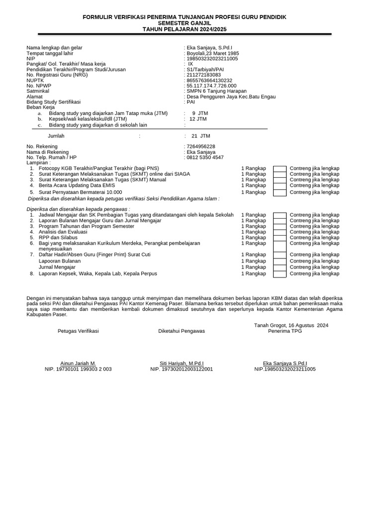 Form Verifikasi TPG Eka Sanjaya 2024 | PDF