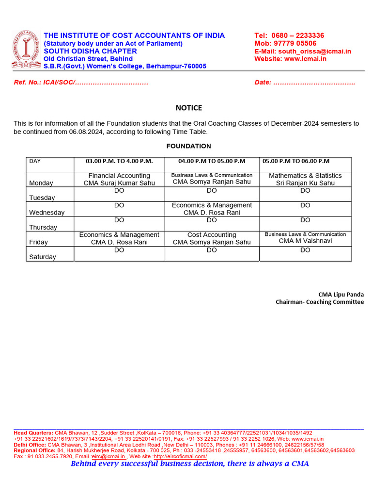 Foundation Time Table | PDF
