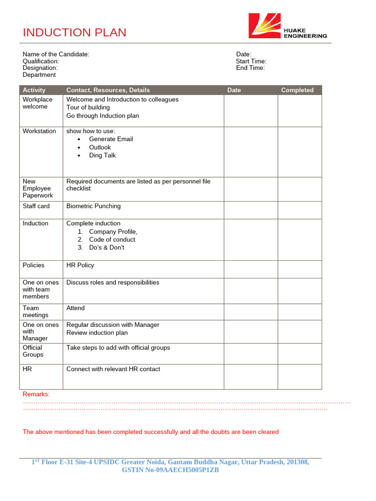 Induction Plan Template | PDF