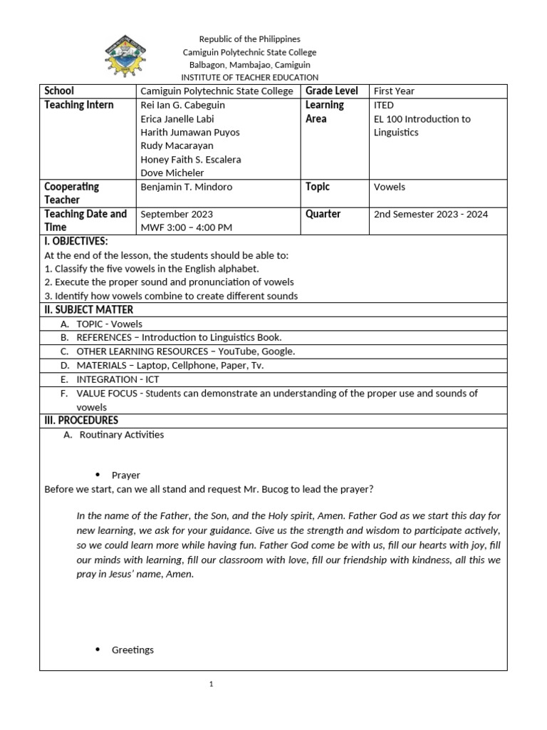 Lesson Plan VOWELS | PDF