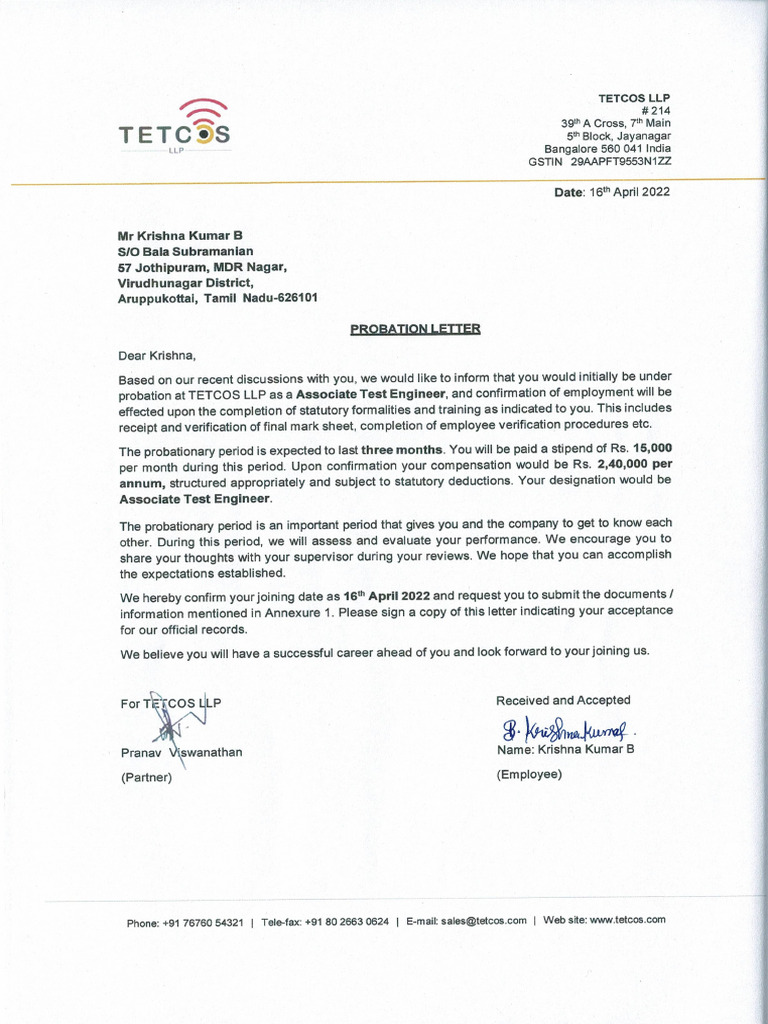 Tetcos LLP Probation Letter | PDF