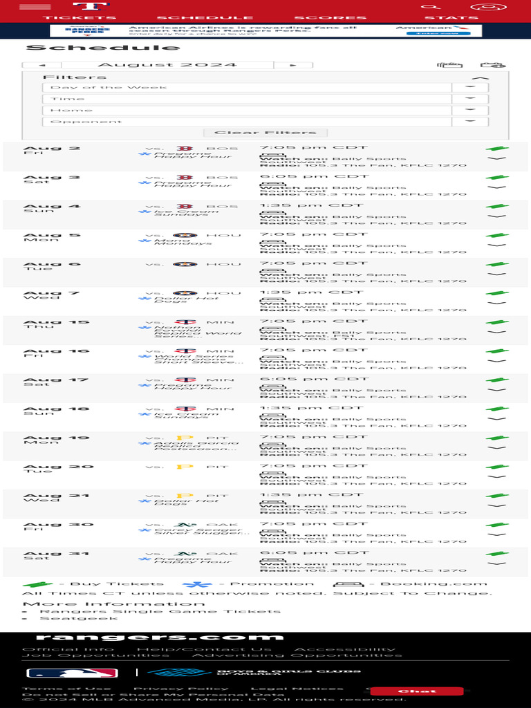 Texas Rangers Schedule Texas Rangers | PDF