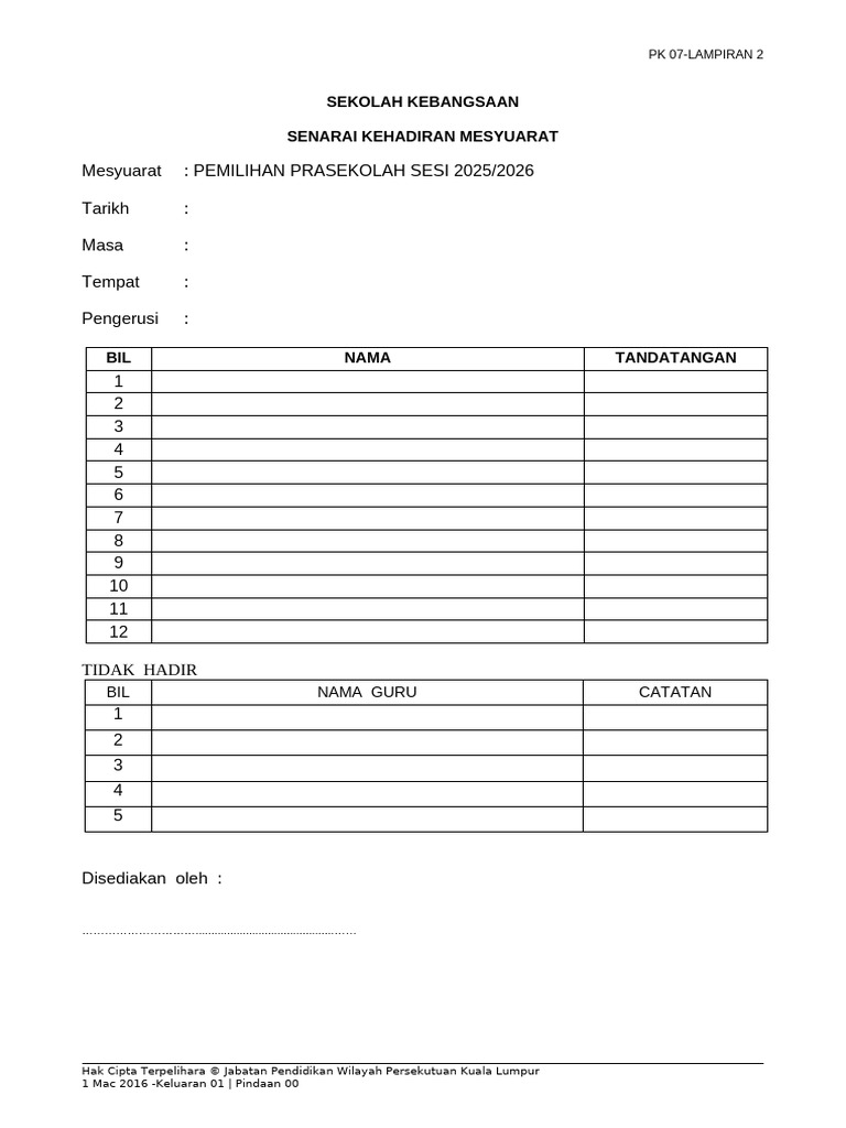 BORANG Senarai Kehadiran Mesyuarat | PDF