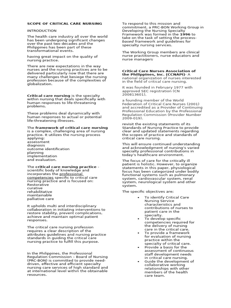 Handouts Scope of Critical Illness | PDF | Nursing | Self-Improvement