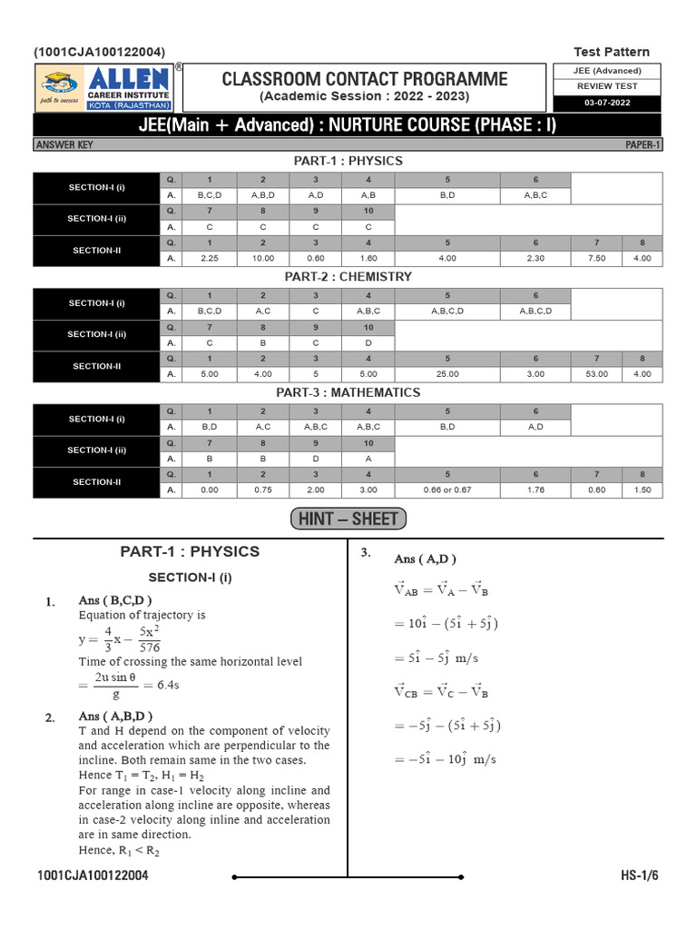 Classroom Contact Programme JEE (Main + Advanced) : NURTURE COURSE ...