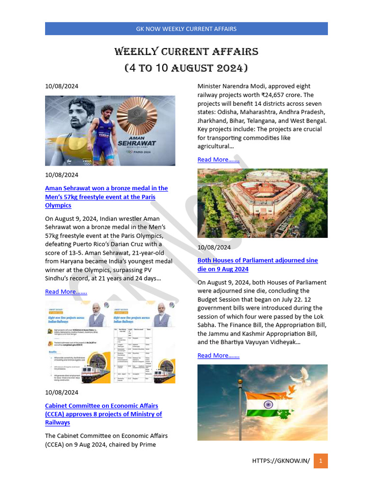 Weekly 4 To 10 Aug Current Affairs (English) | PDF