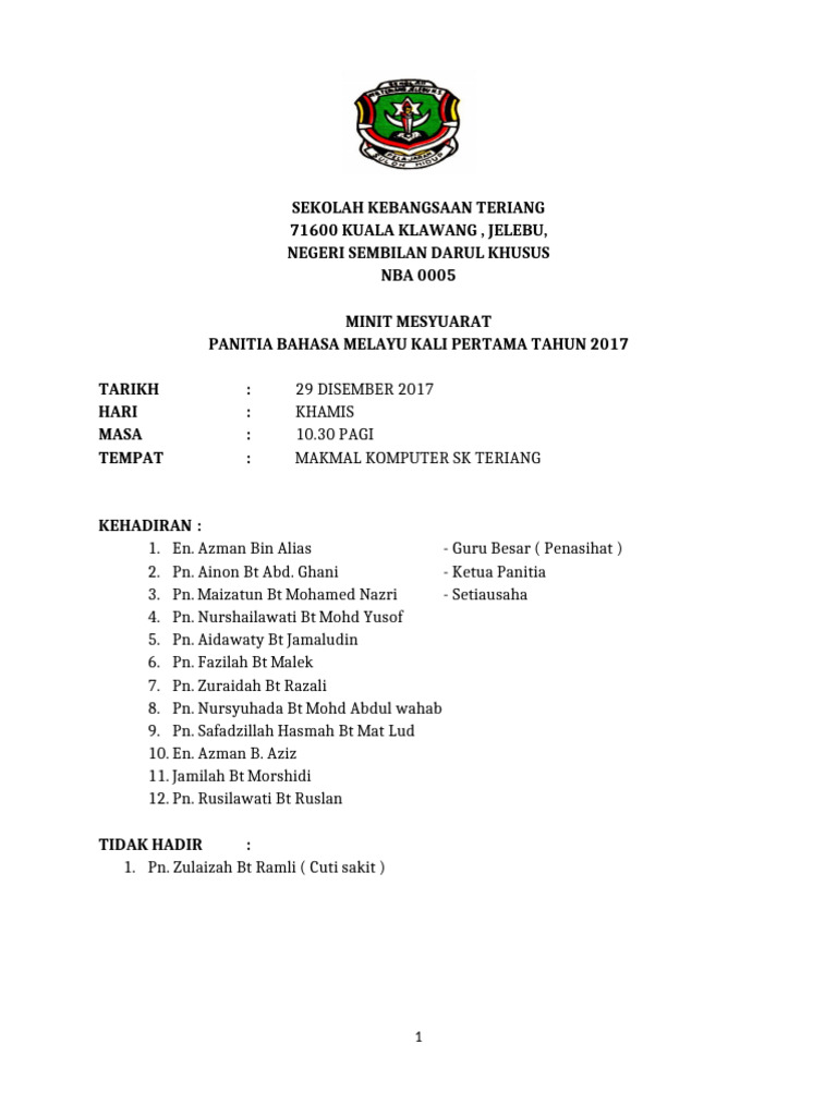 Minit MSRT BM 1 2017 | PDF