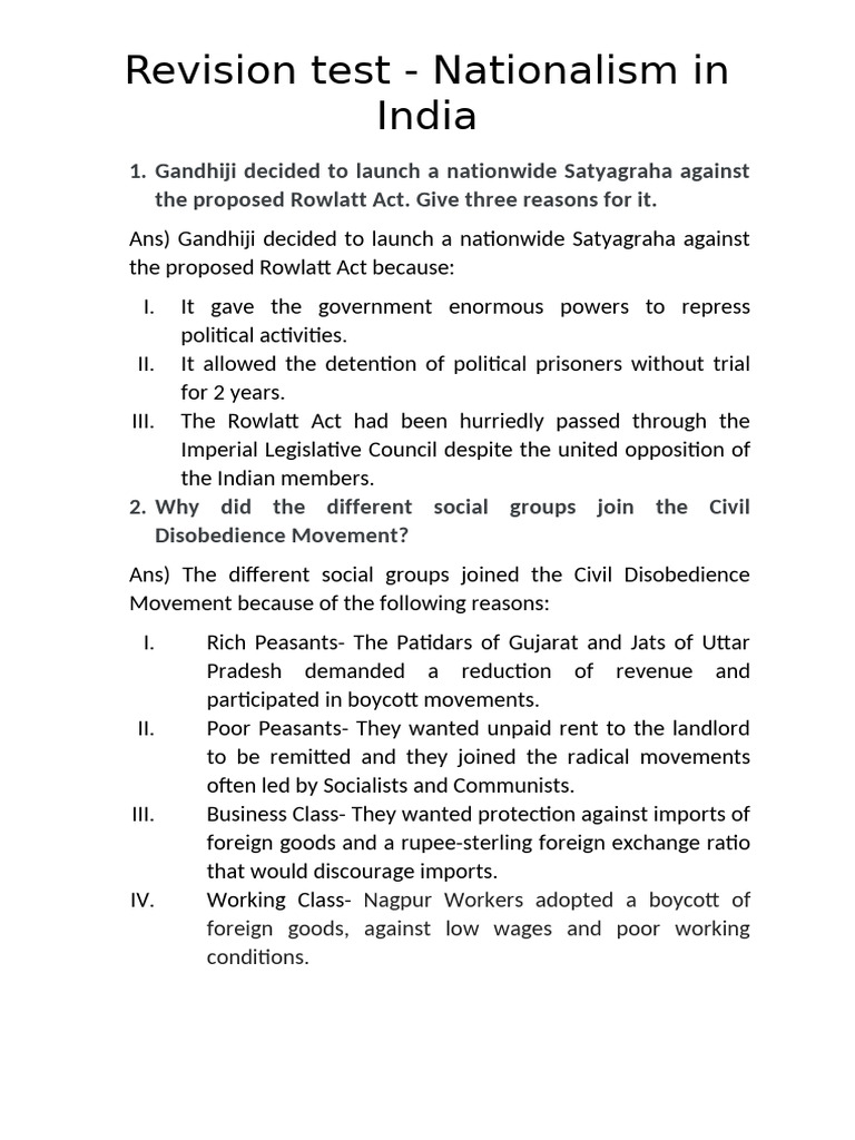 Class Test - Nationalism in India | PDF