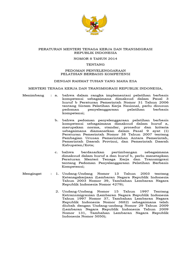 Permenakertrans No. 8 Tahun 2014 Pedoman Penyelenggaraan PBK | PDF