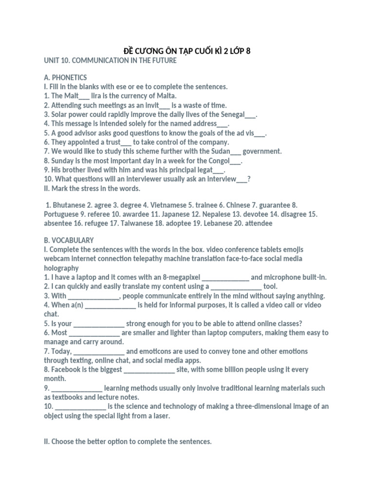 Đề Cương hk2 Grade8 Unit 10 | PDF