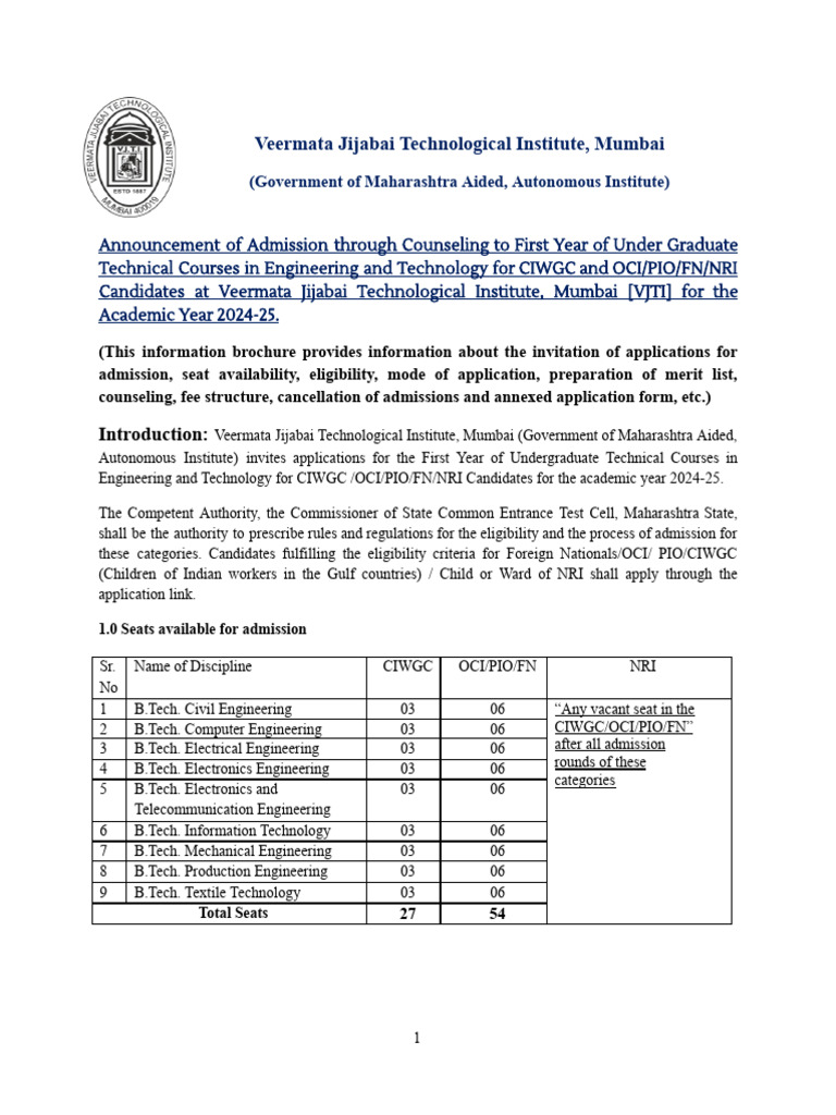 Vjti Ciwgc Quota 2024 | PDF