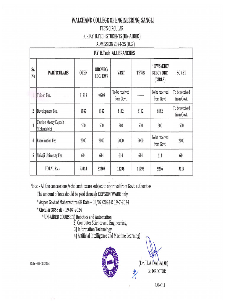FY BTech Unaided Fee Strcuture-2024-25 | PDF