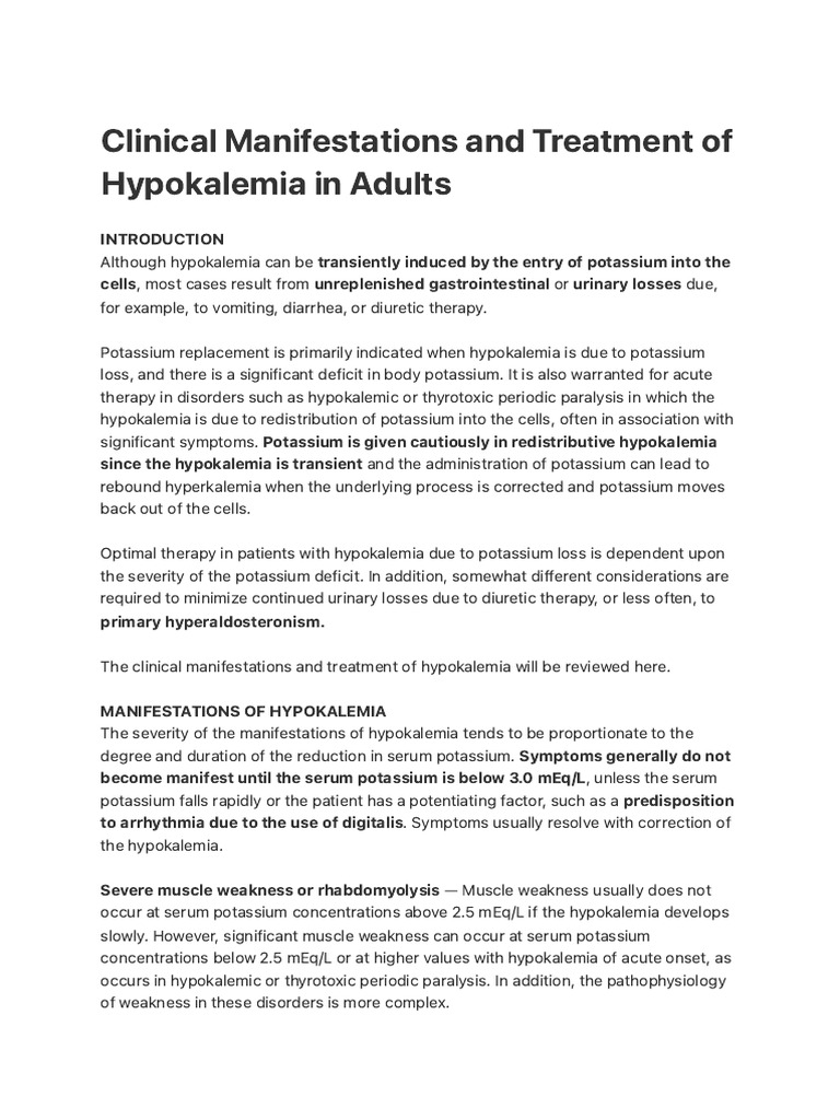 Clinical Manifestations and Treatment of Hypokalemia in Adults | PDF
