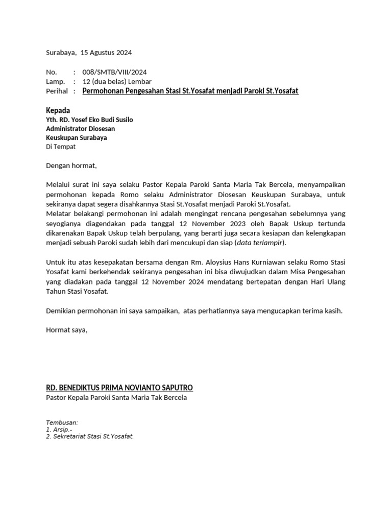 Ref - 008 Surat Permohonan Menjadi Paroki ST Yosafat | PDF
