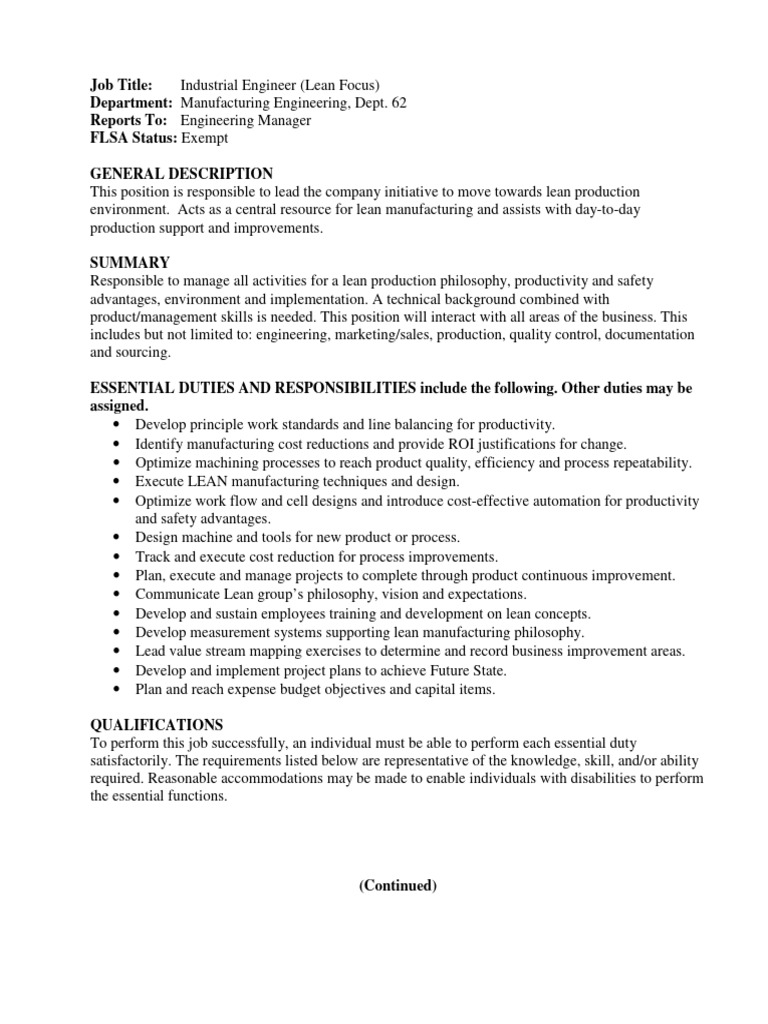 Job Industrial-Engineer | PDF | Lean Manufacturing | Career & Growth