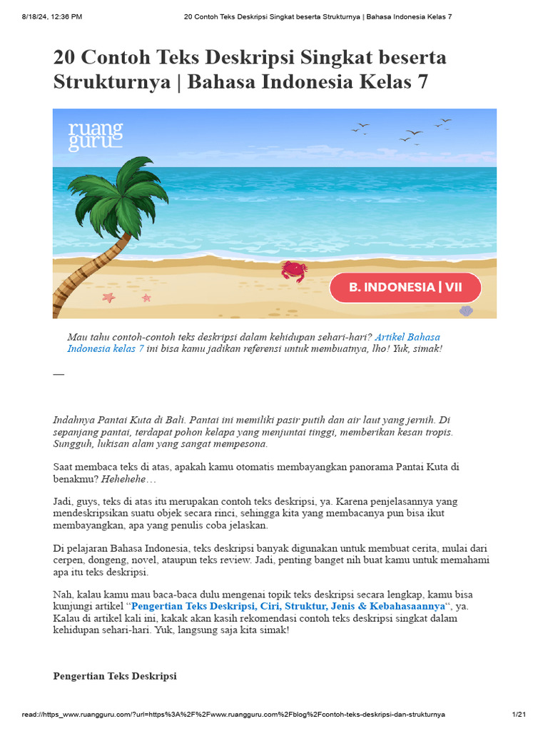 20 Contoh Teks Deskripsi Singkat Beserta Strukturnya - Bahasa Indonesia Kelas 7 | PDF