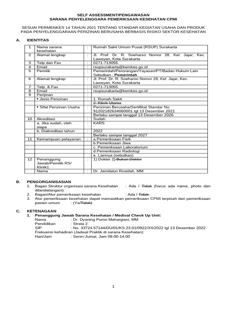 Self Assessment Cpmi Sesuai PMK 14 TH 2021-Rsup Surakarta | PDF