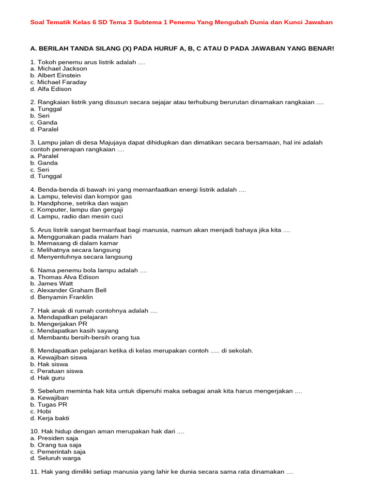 Soal Kelas 6 Tema 3 SB 1 | PDF