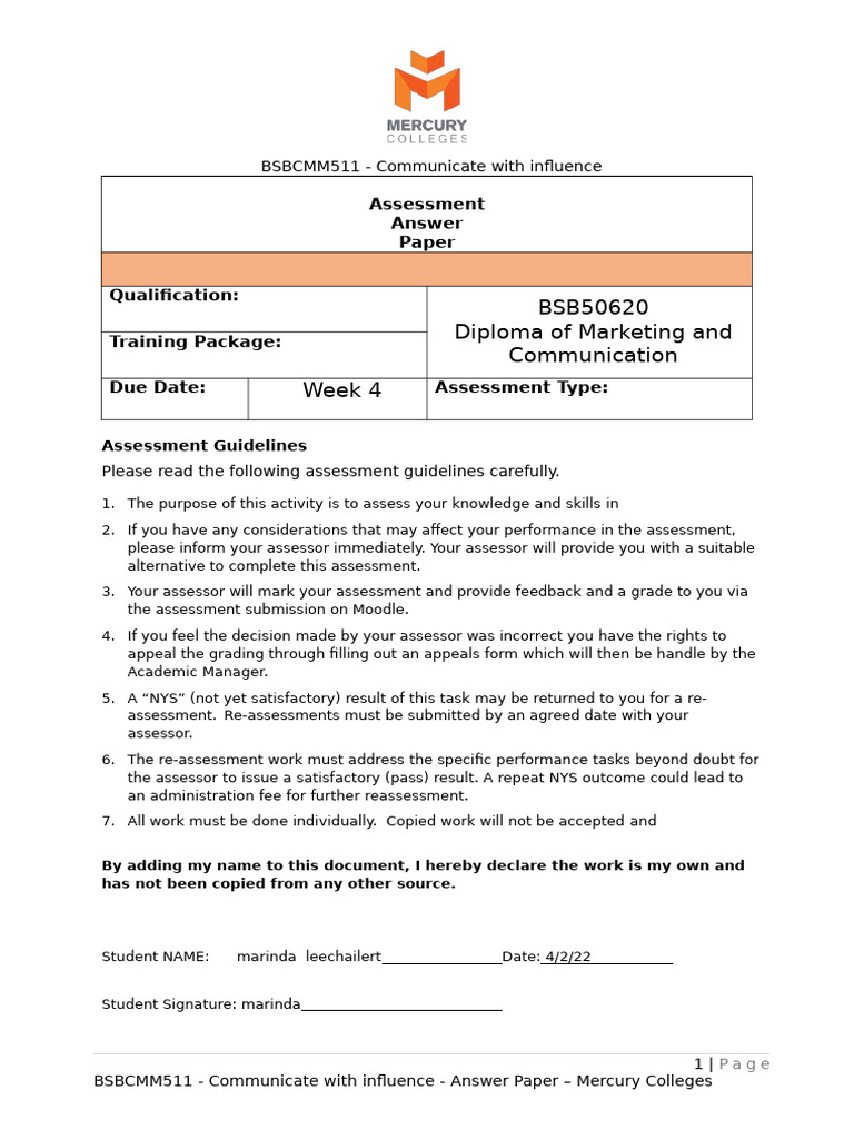 Answer Paper BSBCMM511 Assessment Model | PDF